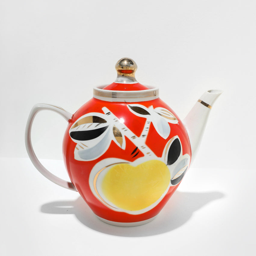 Vintage red porcelain teapot and black sugar bowl set – tatanaka